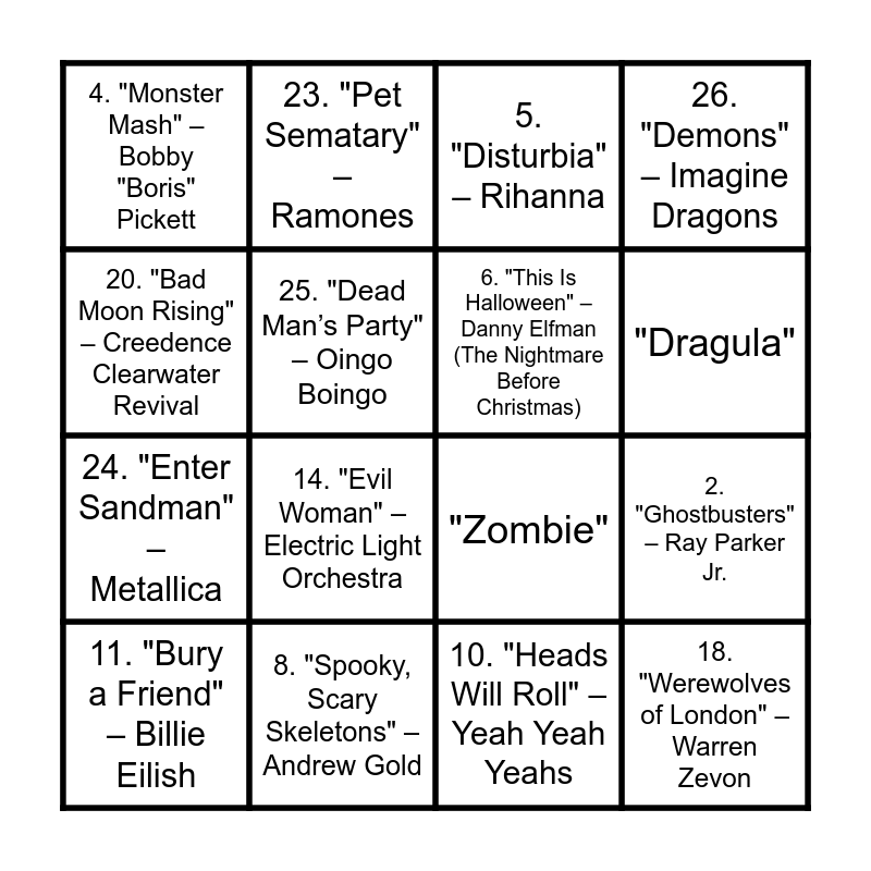 Halloween Music Bingo Card