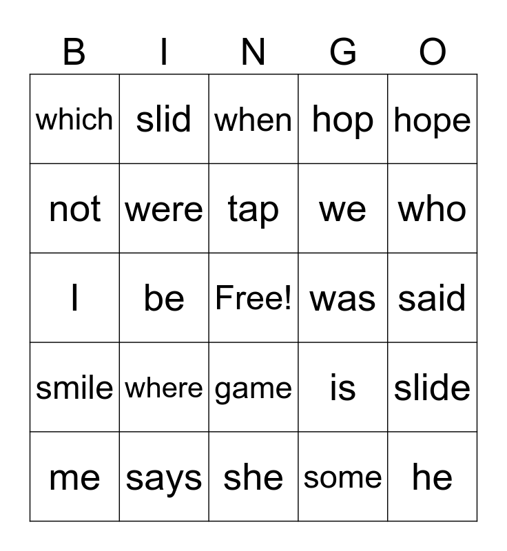1st Grade Sight Words and Silent e words Bingo Card