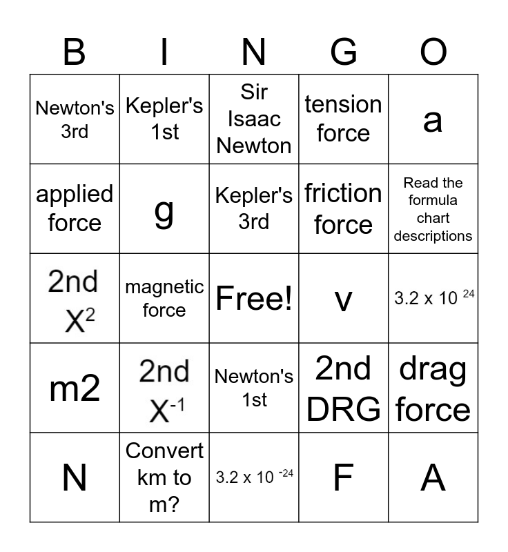 Gravitational Forces Bingo Card