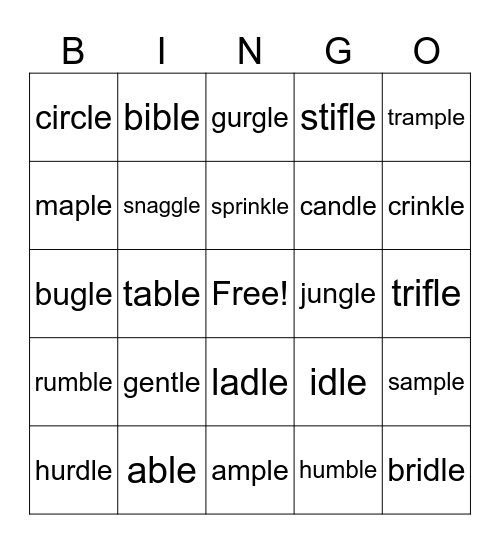 Consonant-le Syllable Bingo Card