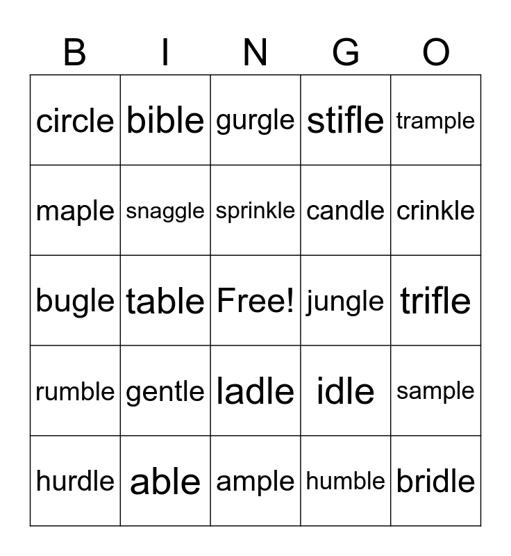 Consonant-le Syllable Bingo Card