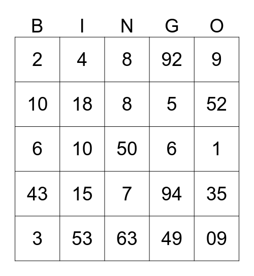 Numbers 1-10 Bingo Card
