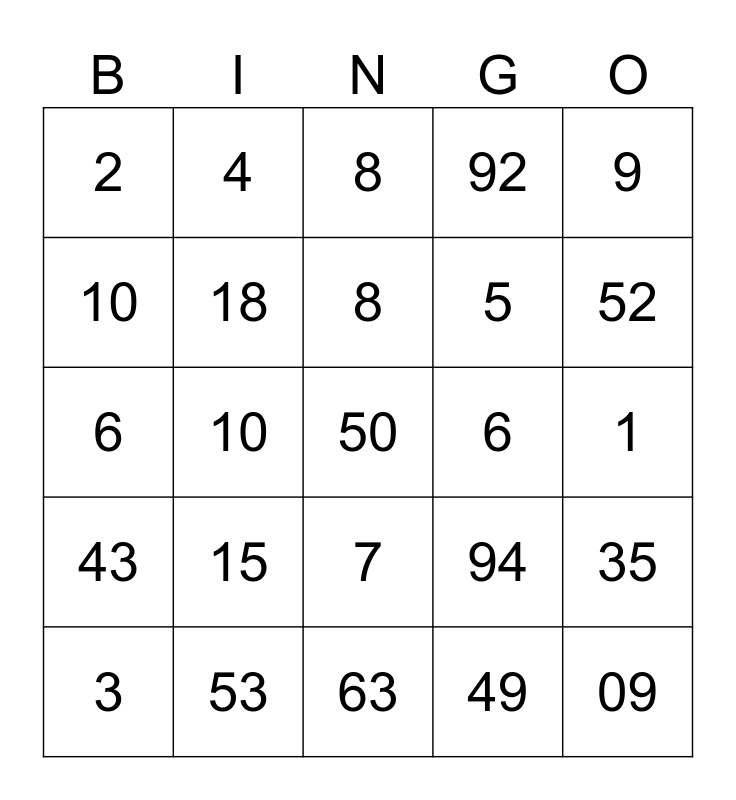 Numbers 1-10 Bingo Card