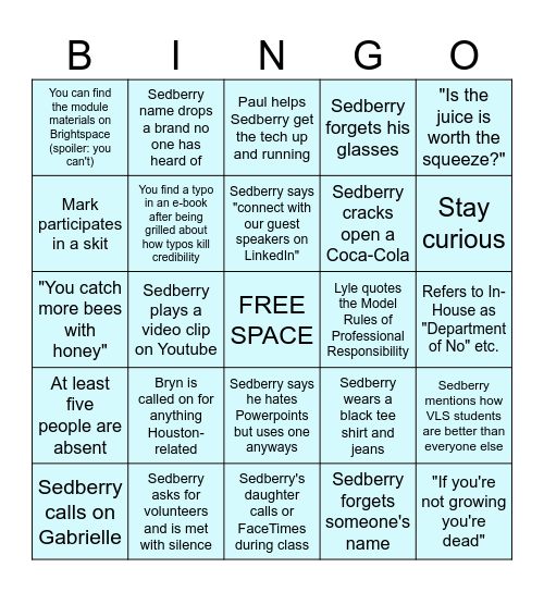 In-House Law Bingo Card