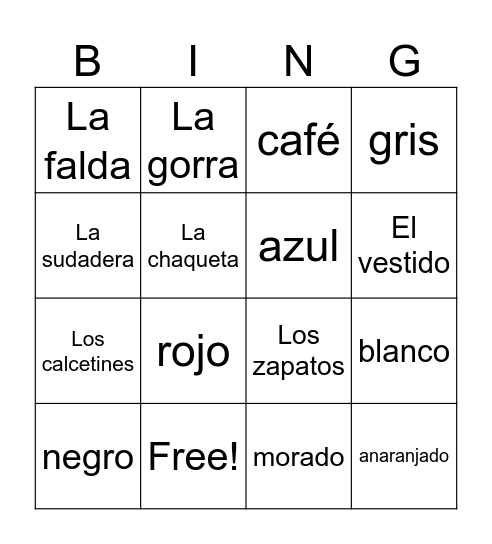 La Ropa y Los Colores Bingo Card