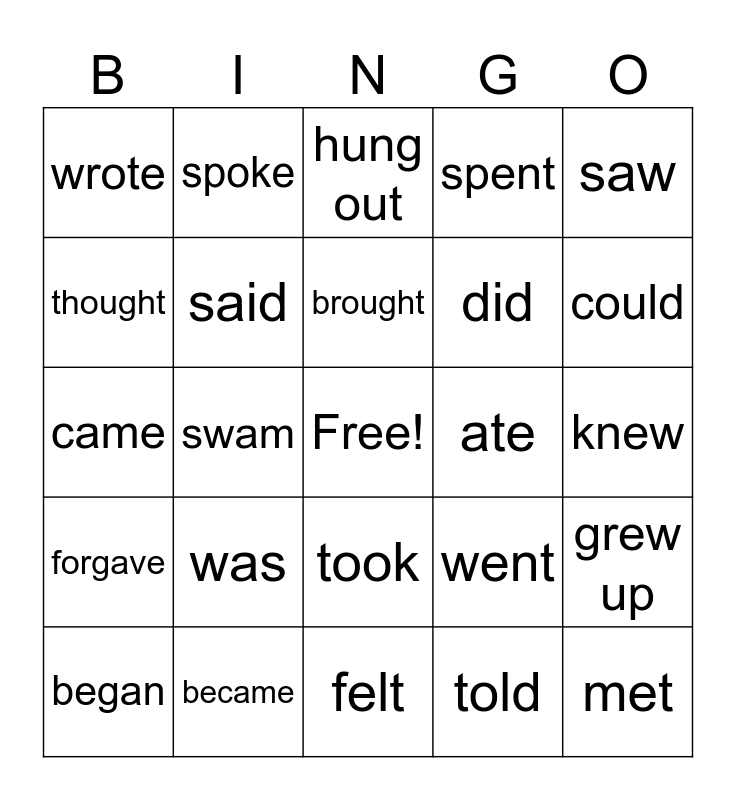 Irregular Verbs Bingo Card