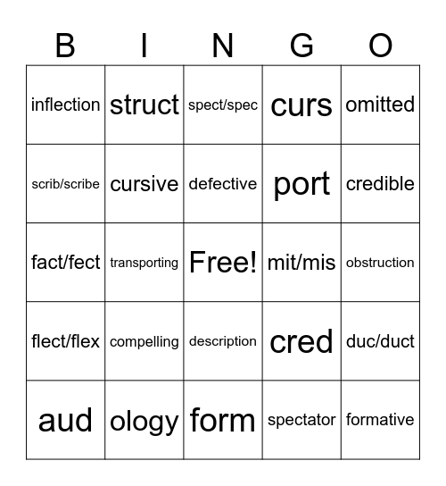 Morphemes Bingo Card