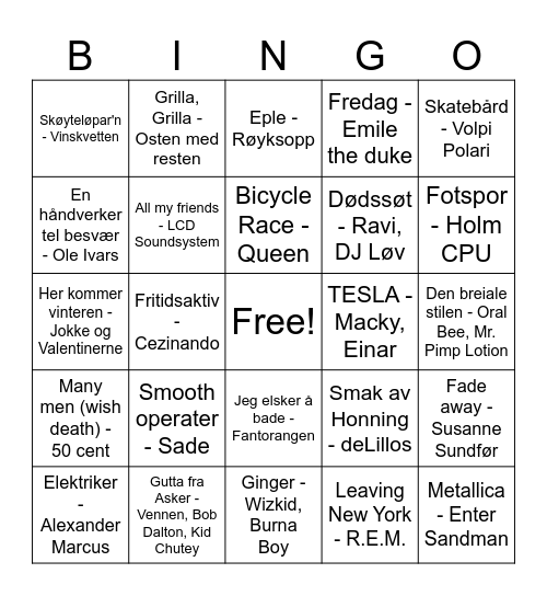 Petters musikkbingo Card