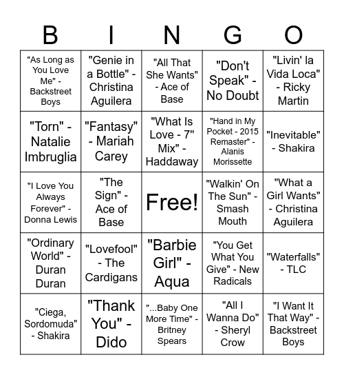 90s Music Bingo Round #3 Bingo Card