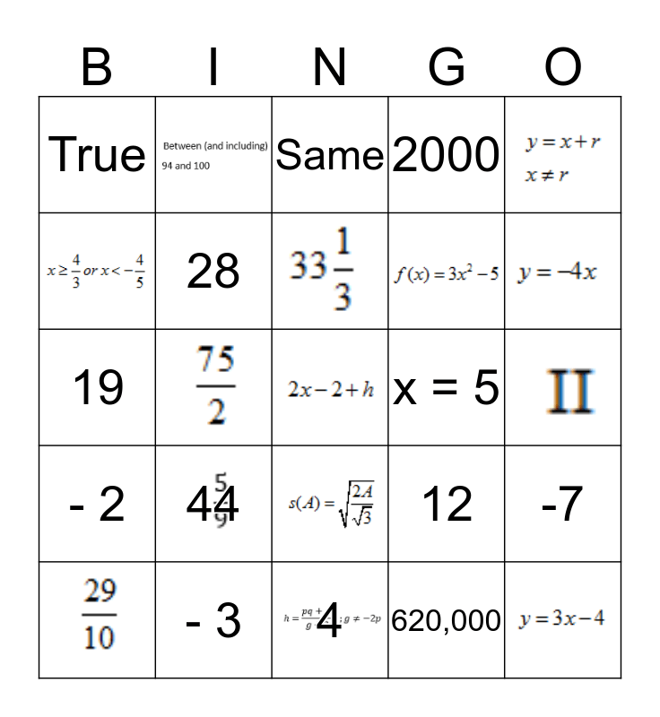 Algebra 2 Beginnings (Circle) Bingo Card