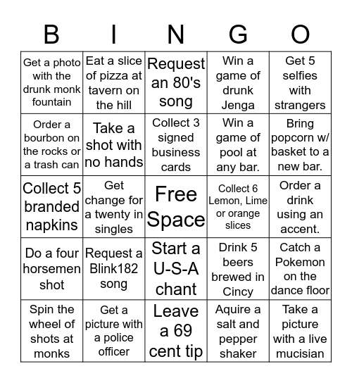 Bar Crawl Bingo Card Bar Crawl Bingo Card