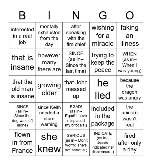 Phrases, Clauses, & Parts of Speech Bingo Card