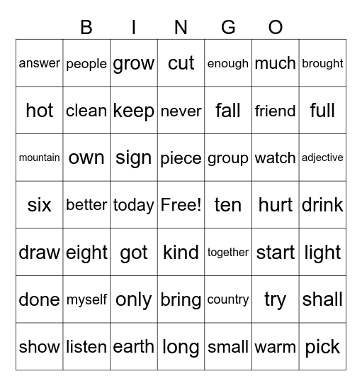 THIRD GRADE SIGHT WORDS Bingo Card