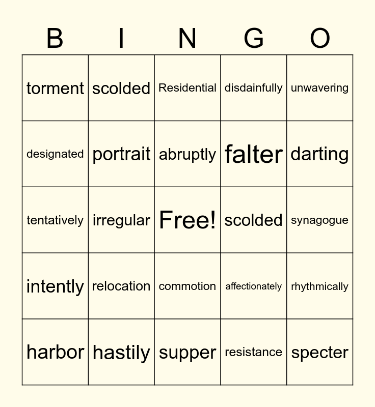 Number the Stars Vocabulary Bingo Card