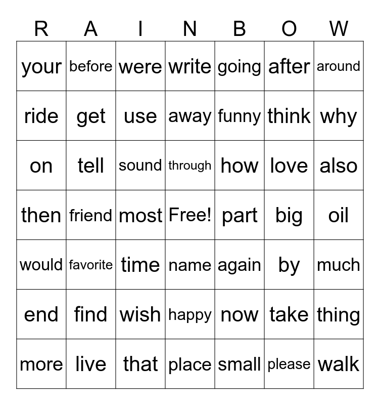 200 Sight Words (all) Bingo Card