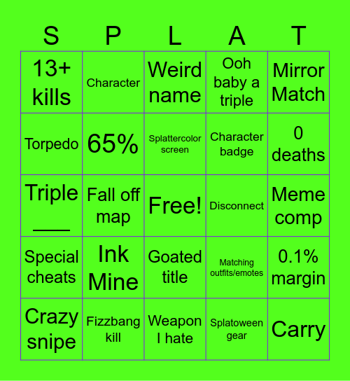 Splatfest Bingo Card