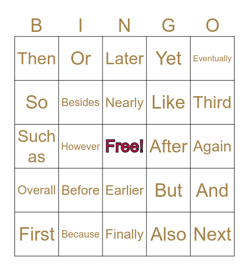 Transitional Word Bingo Card