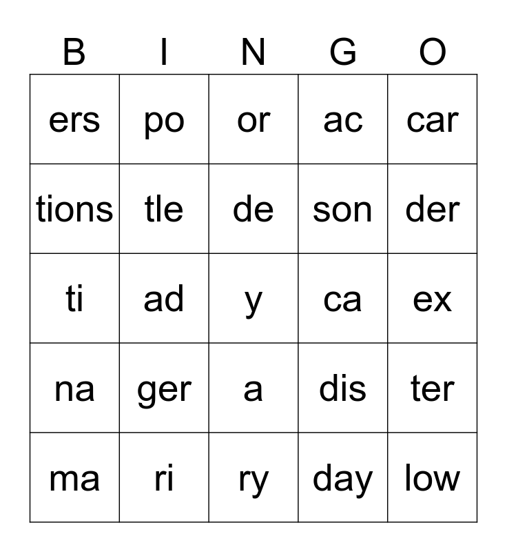 Week 9 Syllables Bingo Card