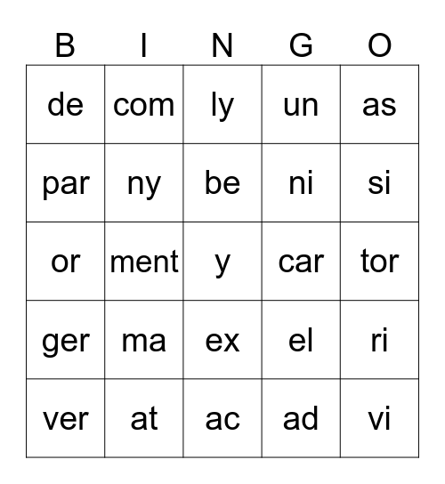 Week 11 Syllables Bingo Card