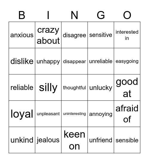 Prefixes un- and dis- Bingo Card