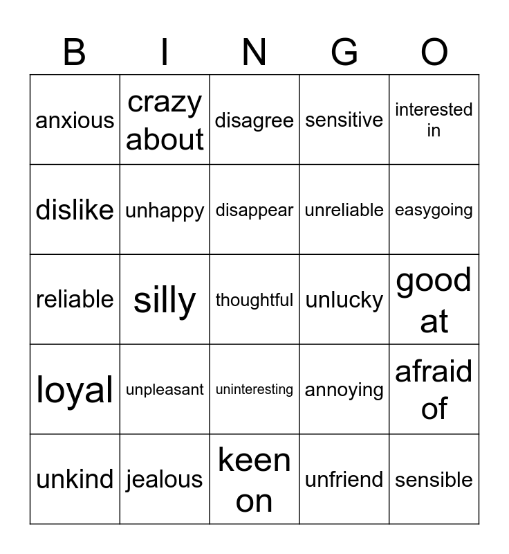 Prefixes un- and dis- Bingo Card