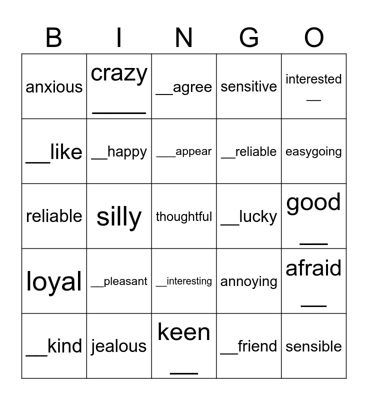 Prefixes un- and dis- Bingo Card
