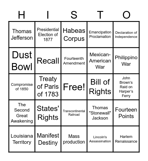 US History Bingo Card