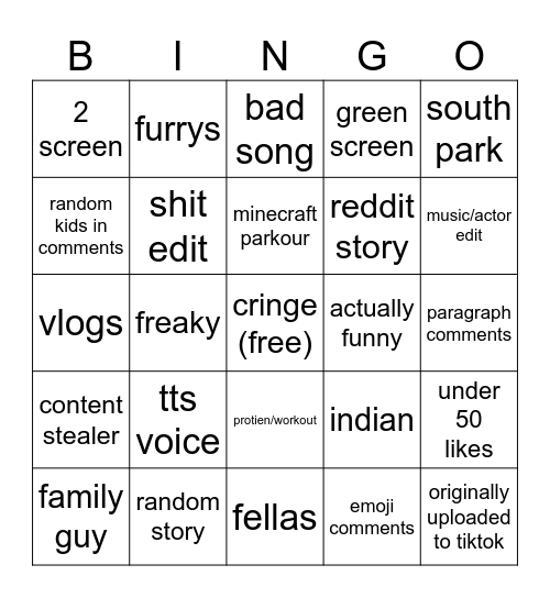 shorts bingo Card