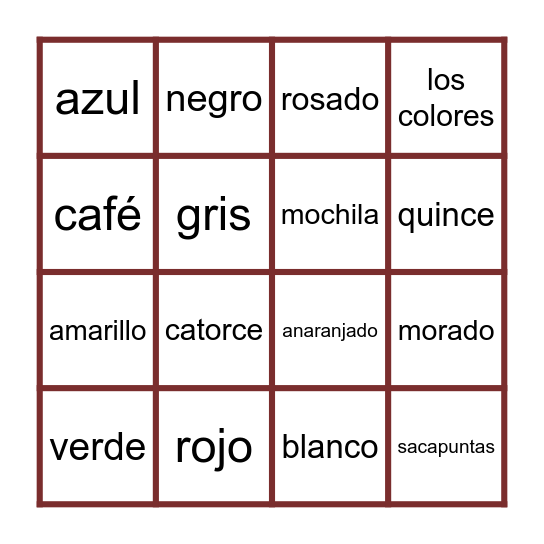 Los colores Bingo Card