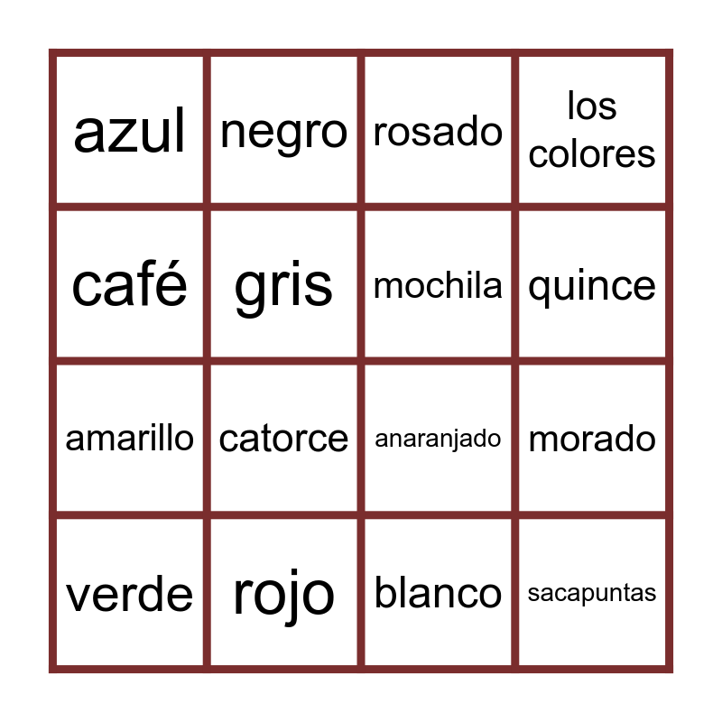Los colores Bingo Card