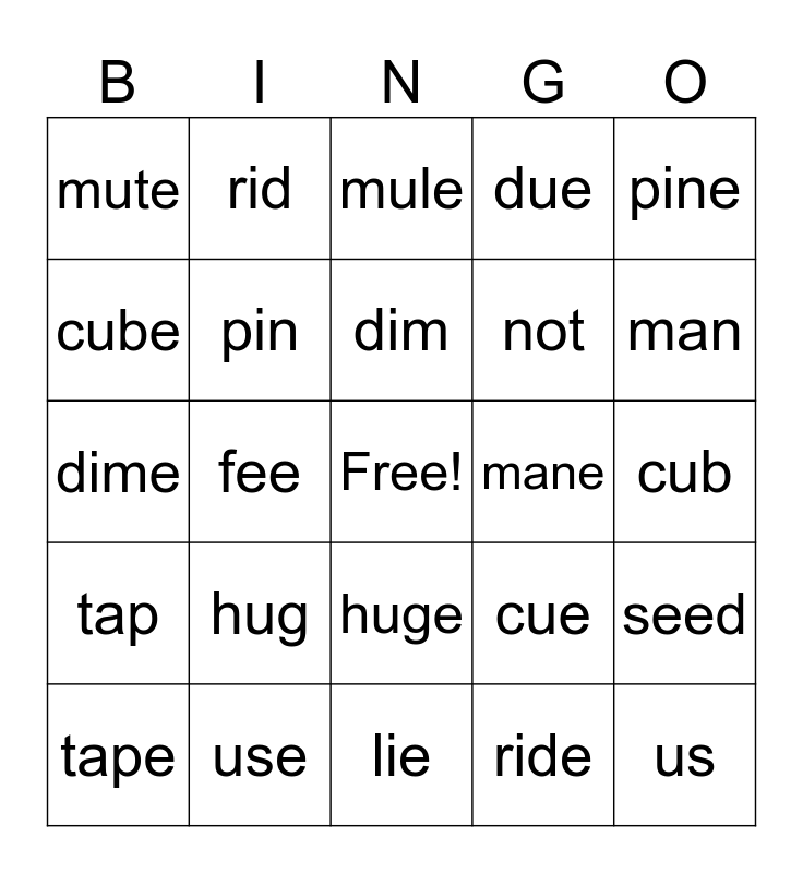 Final E and Consecutive Vowel Bingo Card