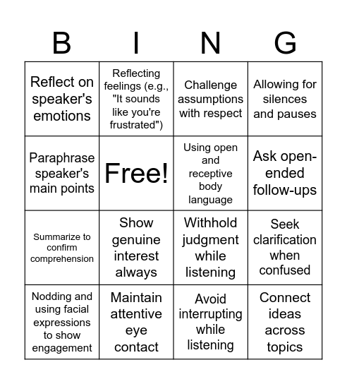 Active Listening Bingo Card