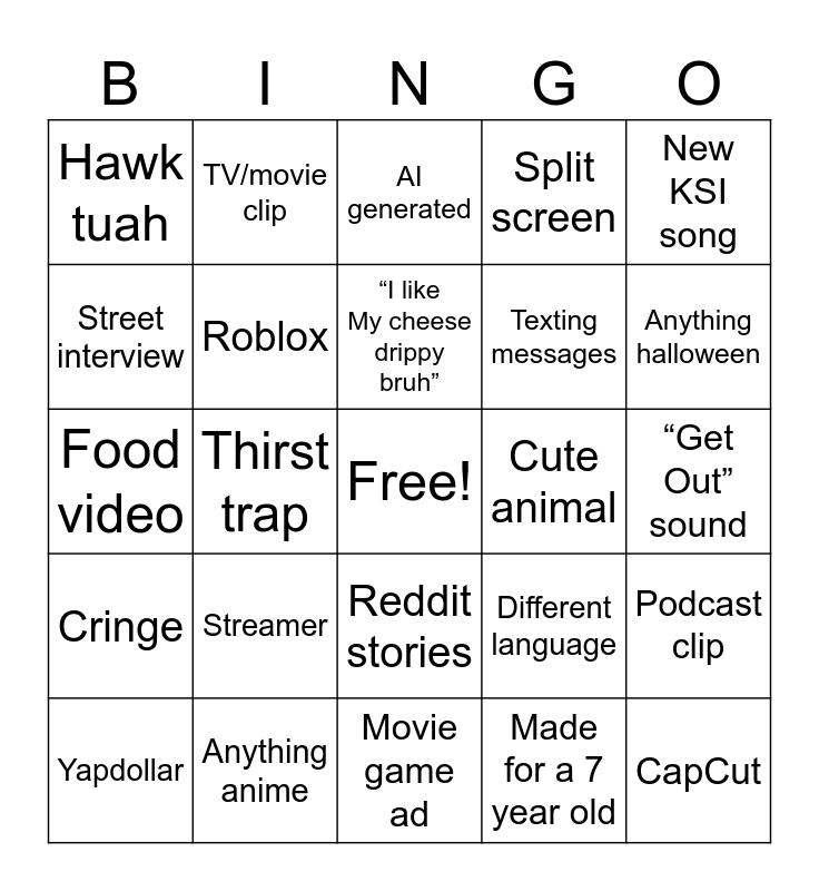 TikTok brainrot Bingo Card