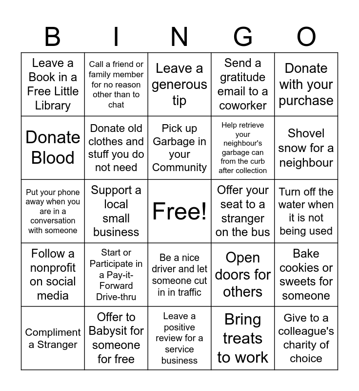 Small Acts of Kindness Bingo Card