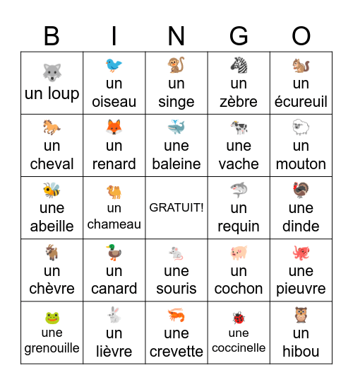 Les animaux Bingo Card