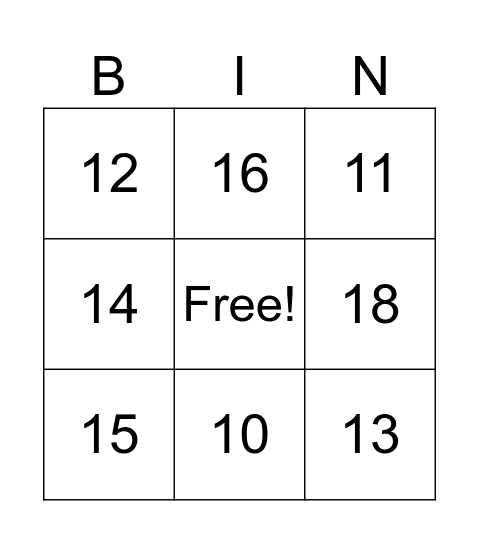 Ten and More Bingo Card
