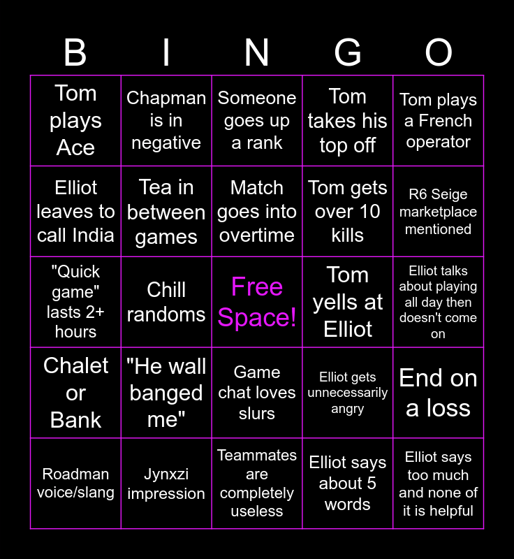 Negative KD Ops Bingo Card