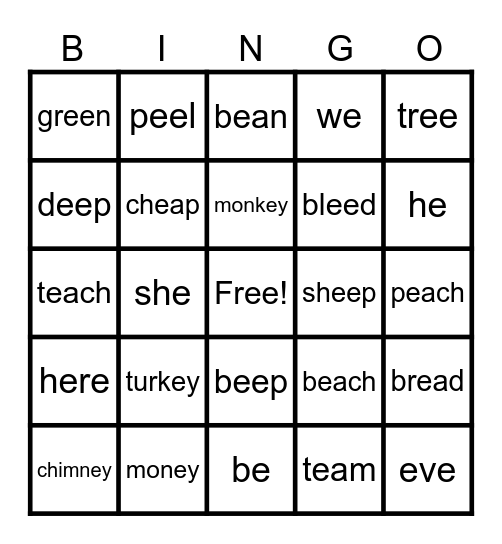 Long e Words Bingo Card