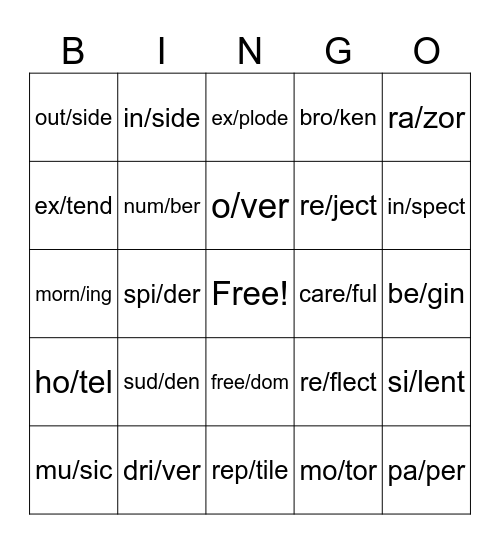 Syllable Bingo Card