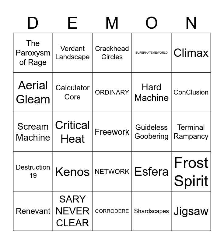 extreme demon bingo Card