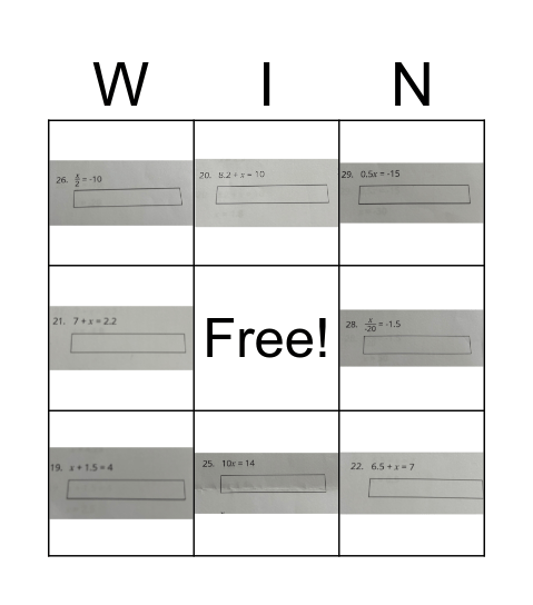 One step equations Bingo Card