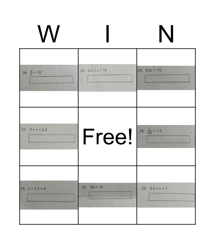 One step equations Bingo Card