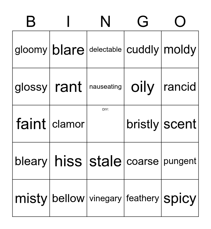 Sensory Details BINGO! (Sight, Sound,Taste, Touch, Smell) Bingo Card