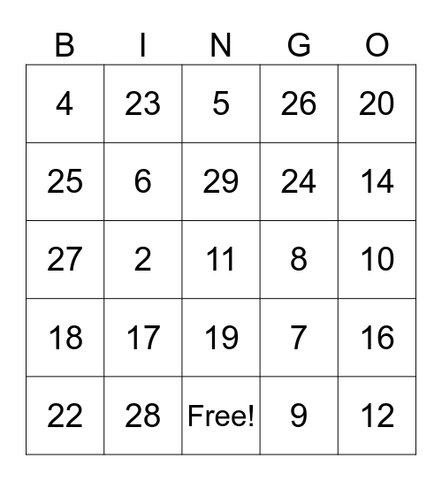 siffror Bingo Card
