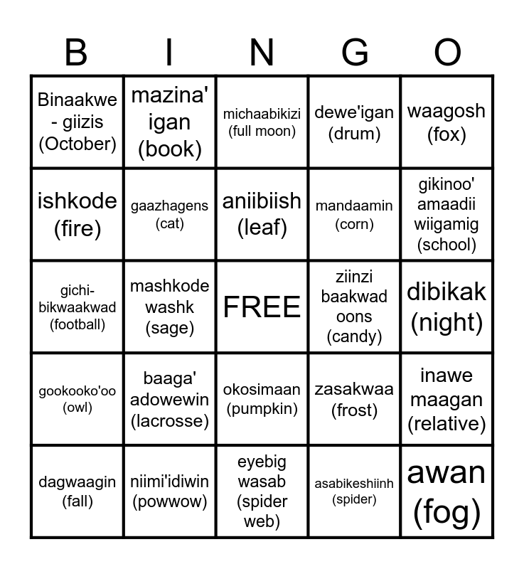 Fall Terms in Ojibwe Bingo Card