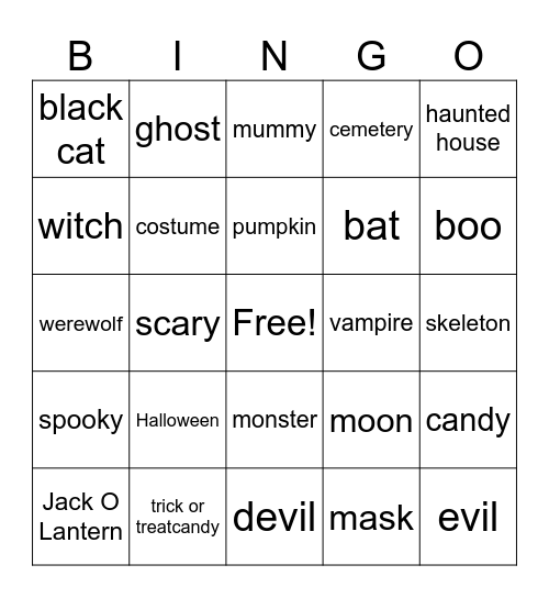 Halloween Vocabulary Bingo Card