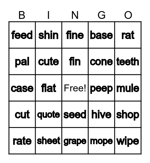 vce,ee, & Closed Syllable Bingo Card