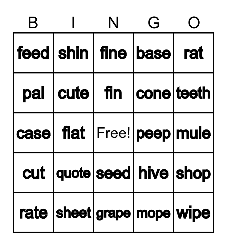 vce,ee, & Closed Syllable Bingo Card