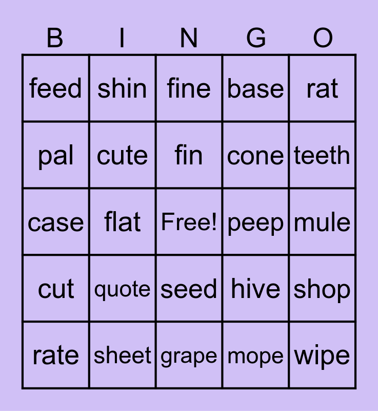vce,ee, & Closed Syllable Bingo Card