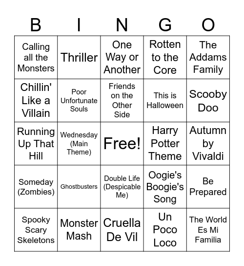Halloween Song Bingo Card